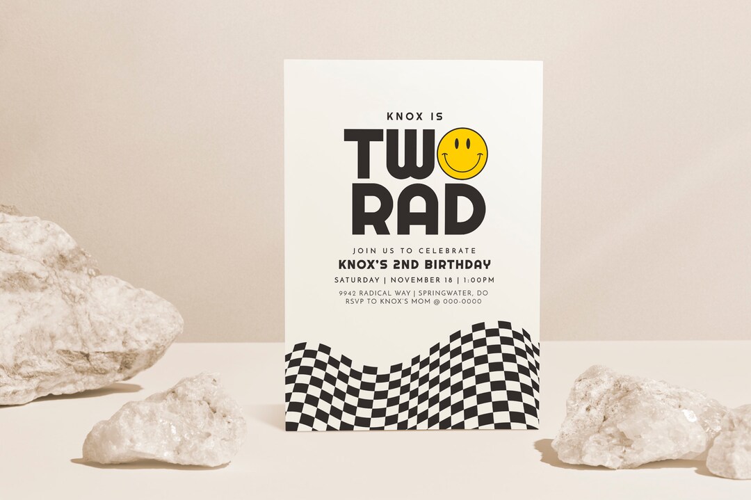 Two Rad Birthday Invitation Template Checkered Smiley Retro Cool One ...