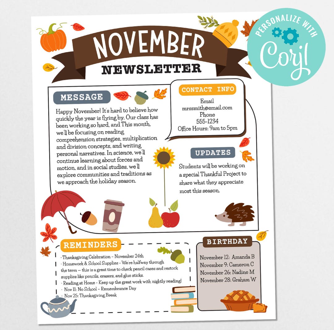Editable November Classroom Newsletter: Fall Autumn Template (corjl ...