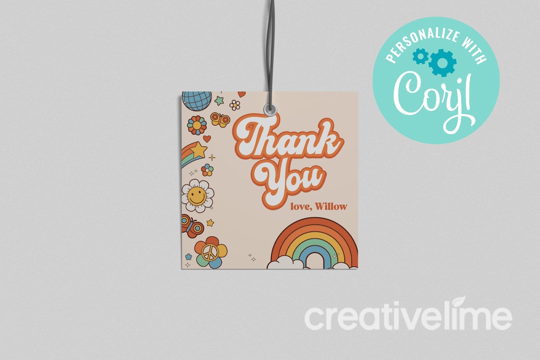 Retro Groovy Thank You Tag: Editable 70s Party Favor (instant Download ...