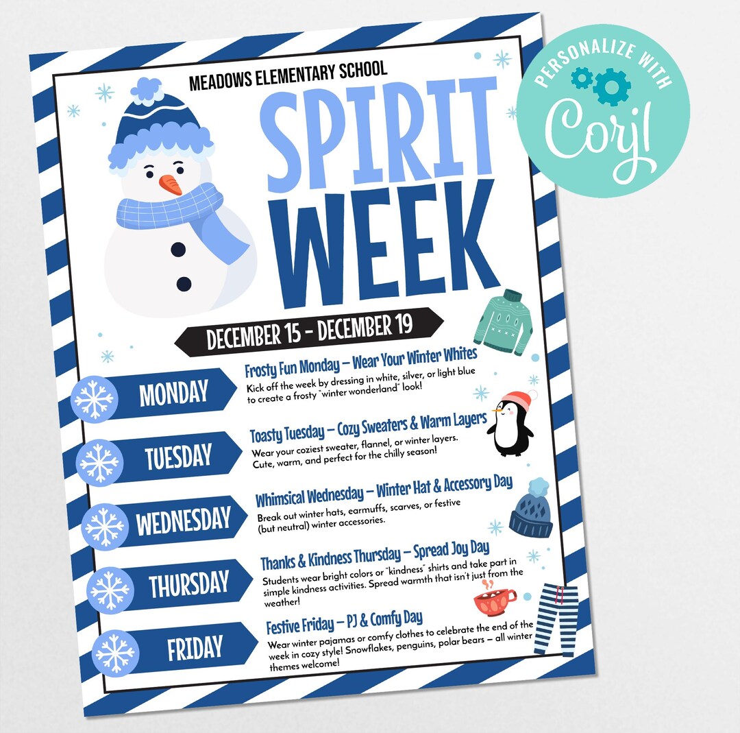Editable Winter Spirit Week Flyer for Kids | 5 Days of Holiday Winter ...