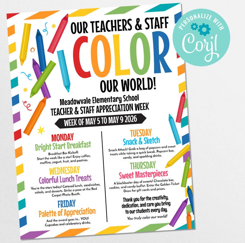 Teacher Appreciation Week Flyer Template, Rainbow Theme, Staff ...