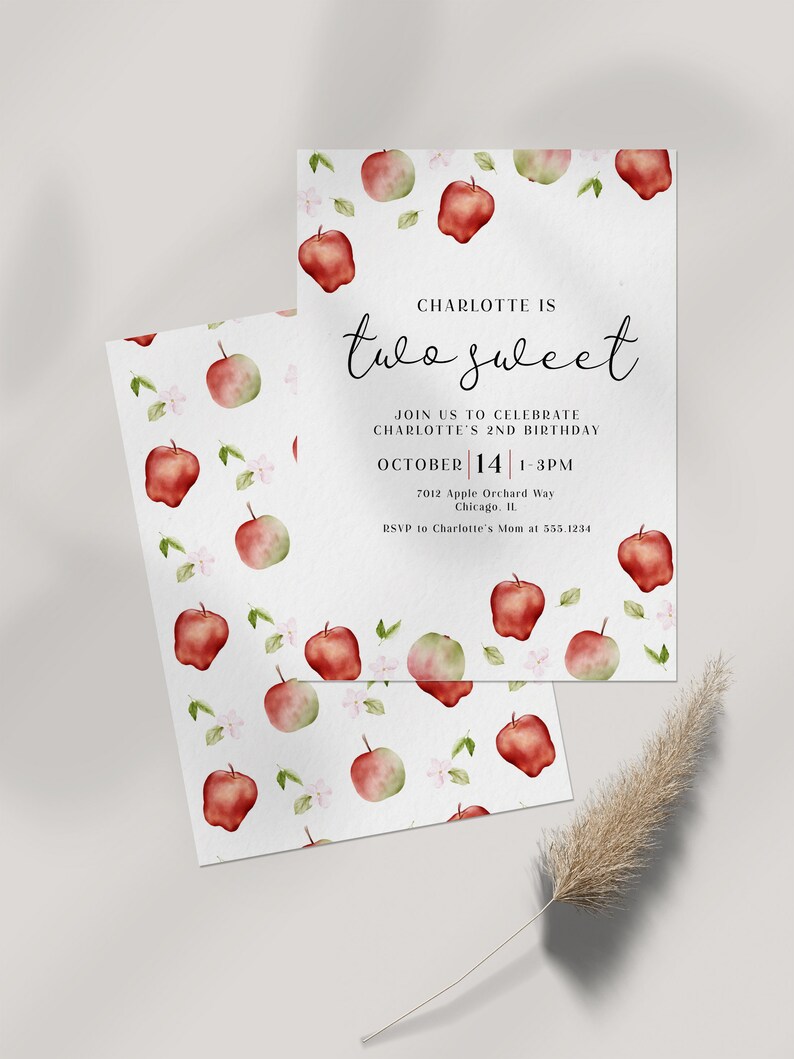 Two Sweet Apple Birthday Invitation: Orchard Theme (INSTANT DOWNLOAD ...