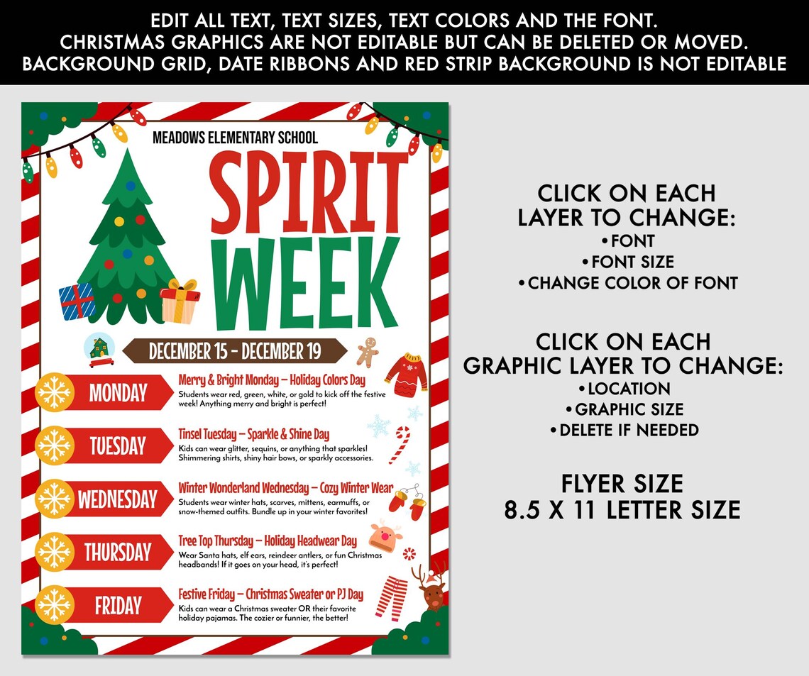 Editable Christmas Spirit Week Flyer for Kids | 5 Days of Christmas ...