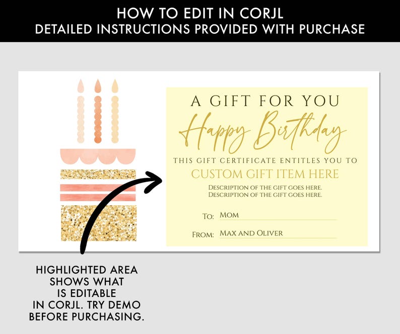 EDITABLE, INSTANT DOWNLOAD Birthday Gift Certificate Template ...