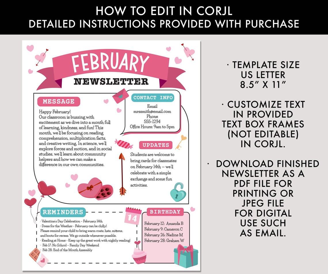 Editable February Classroom Newsletter: Valentine's Day Template (corjl ...