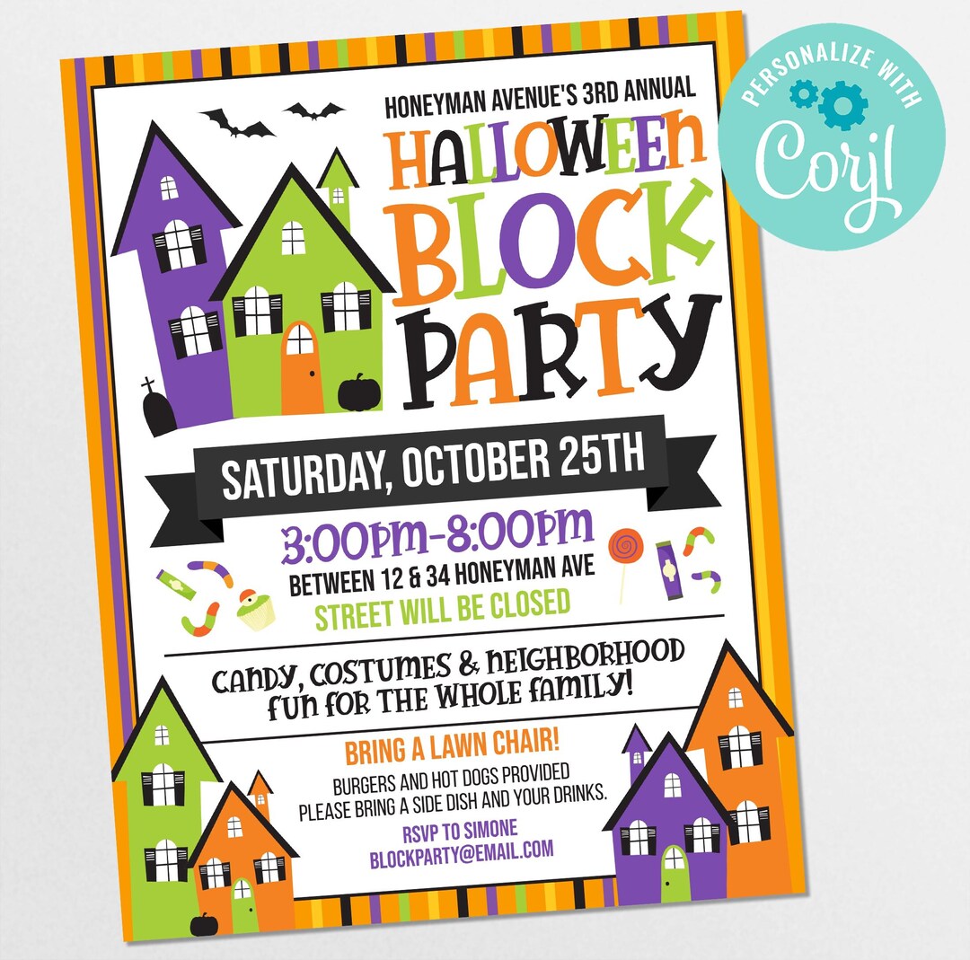 Editable Halloween Block Party Flyer: Neighborhood Event Invitation ...