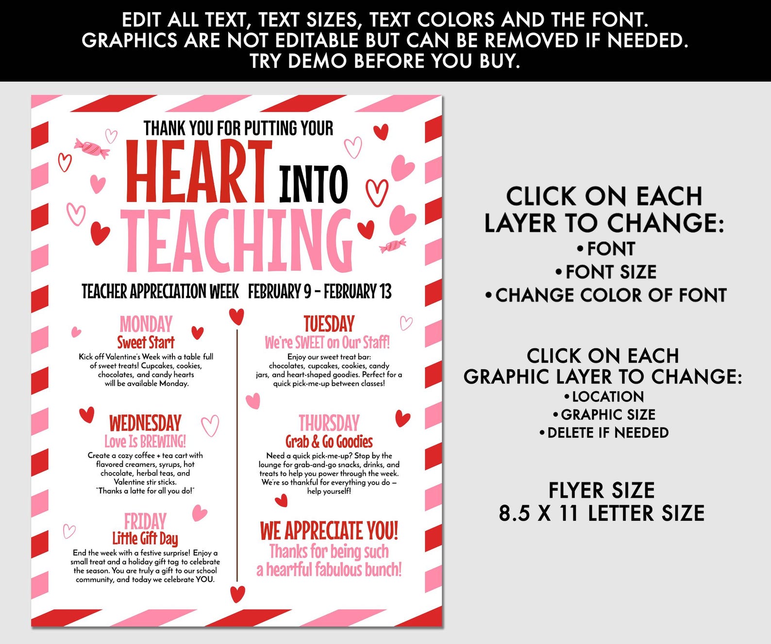 Valentine Teacher Appreciation Week Flyer, Editable 5-day Event (corjl ...