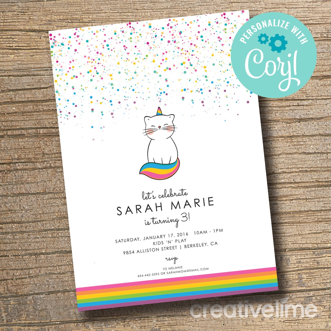 Caticorn Birthday Party Invitation, Cat, Unicorn Birthday, Girls ...