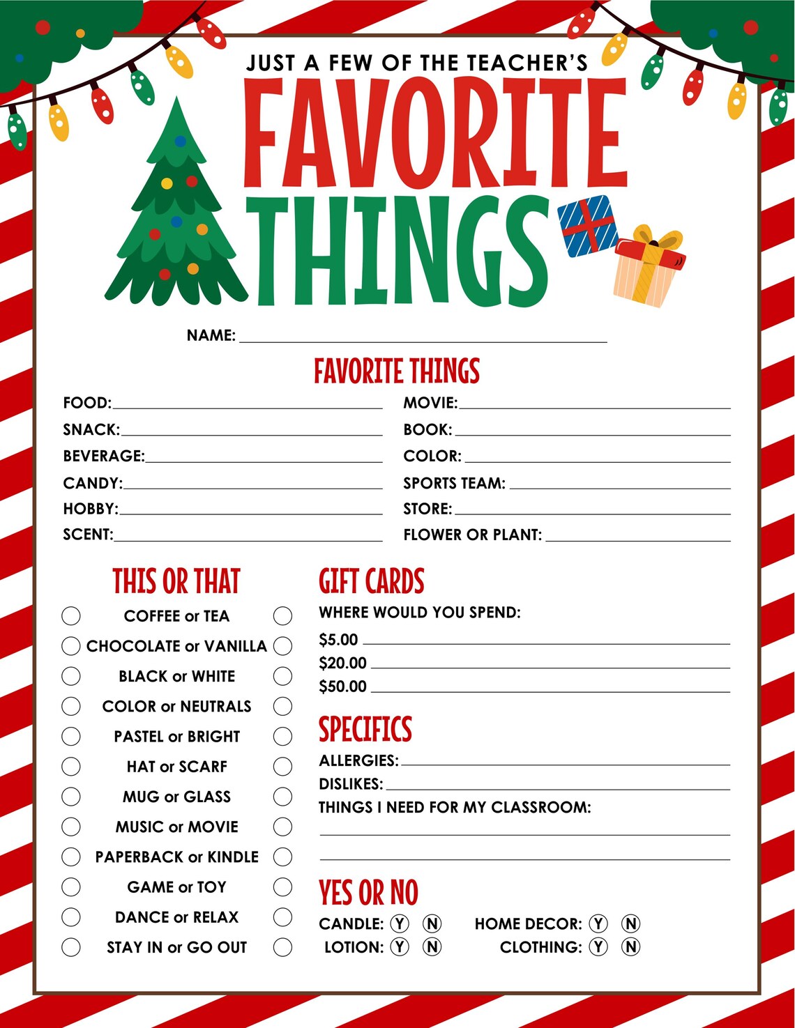 Teacher's Favorite Things Questionnaire, Christmas Secret Santa ...