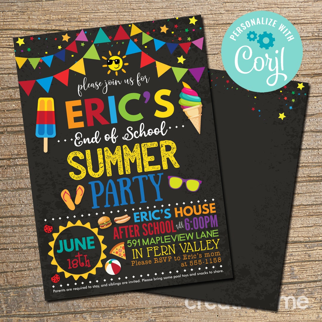 End of School Party Invitation, End of School Bash, Summer Party Invite ...