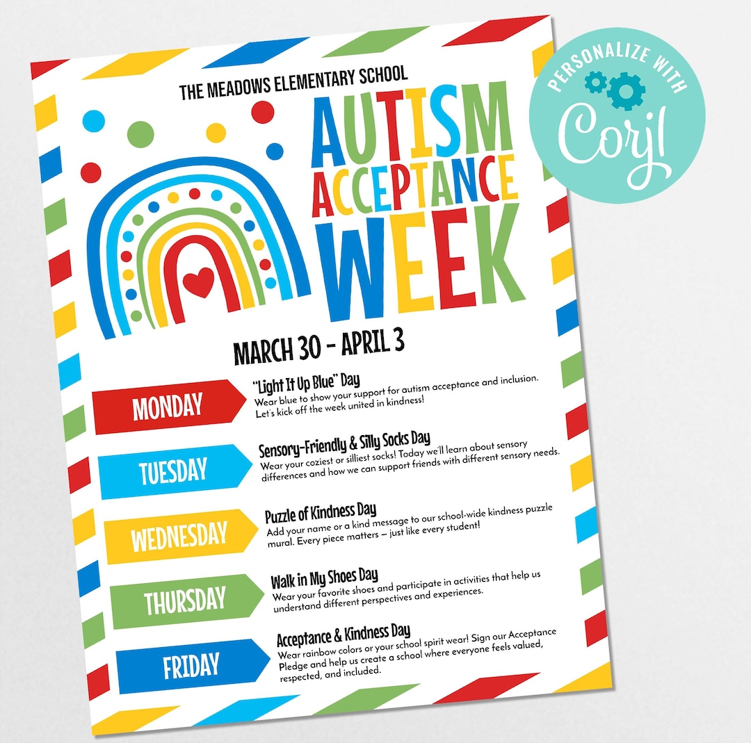 Autism Acceptance Week Spirit Days Flyer, Editable School Template ...