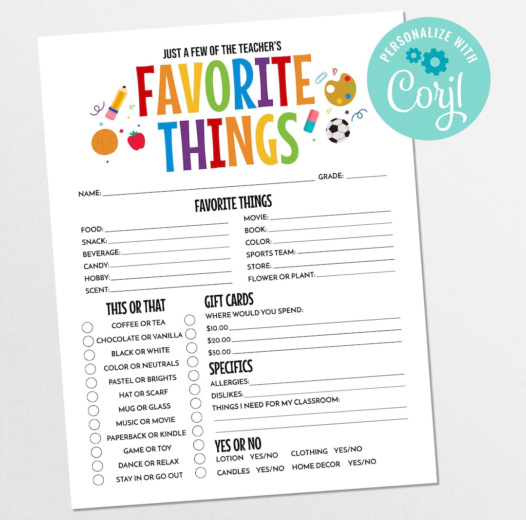 EDITABLE Teacher Favorite Things List in Corjl + Printable PDF ...