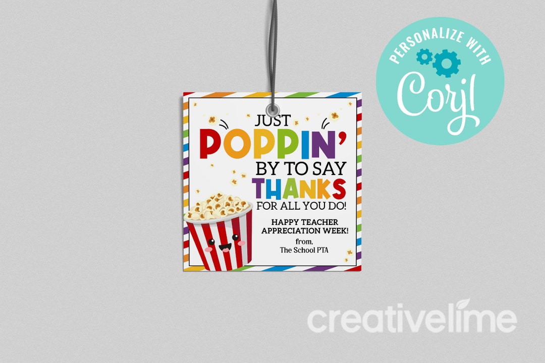 Popcorn Teacher Appreciation Gift Tag: Editable Thank You (digital ...