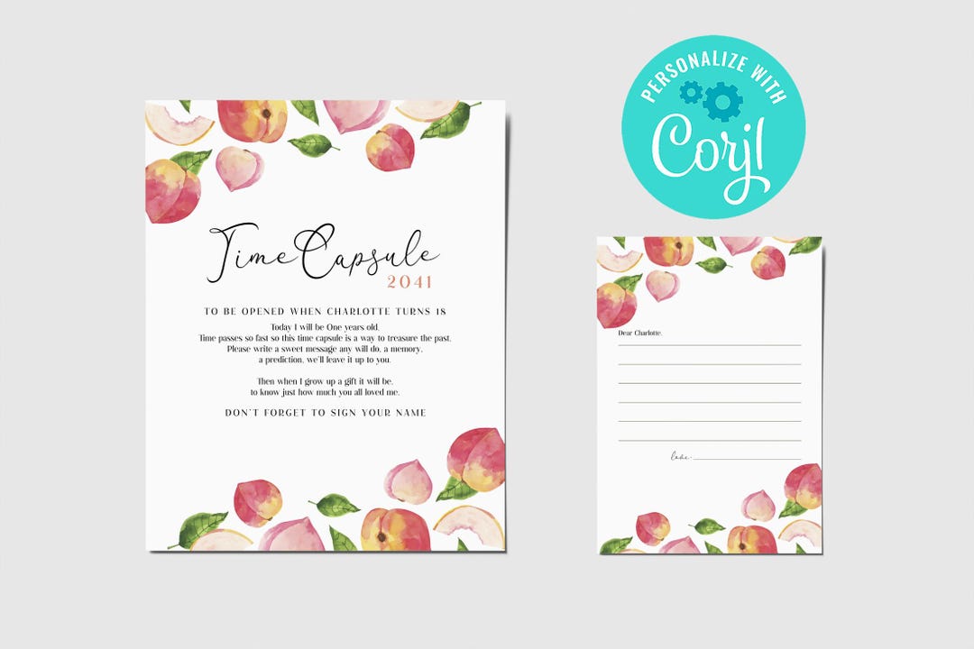 Peach Birthday Time Capsule Card & Sign: Watercolor Peaches (EDITABLE ...