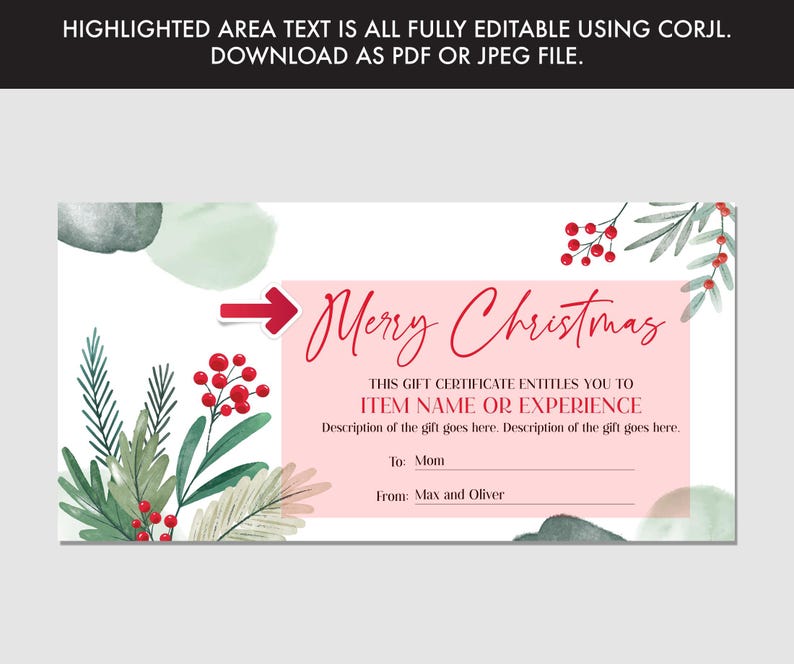 EDITABLE, INSTANT DOWNLOAD Christmas Gift Certificate Printable A Gift ...