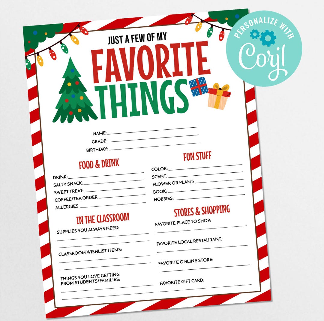 Teacher Favorite Things List | Editable Questionnaire (digital Download ...