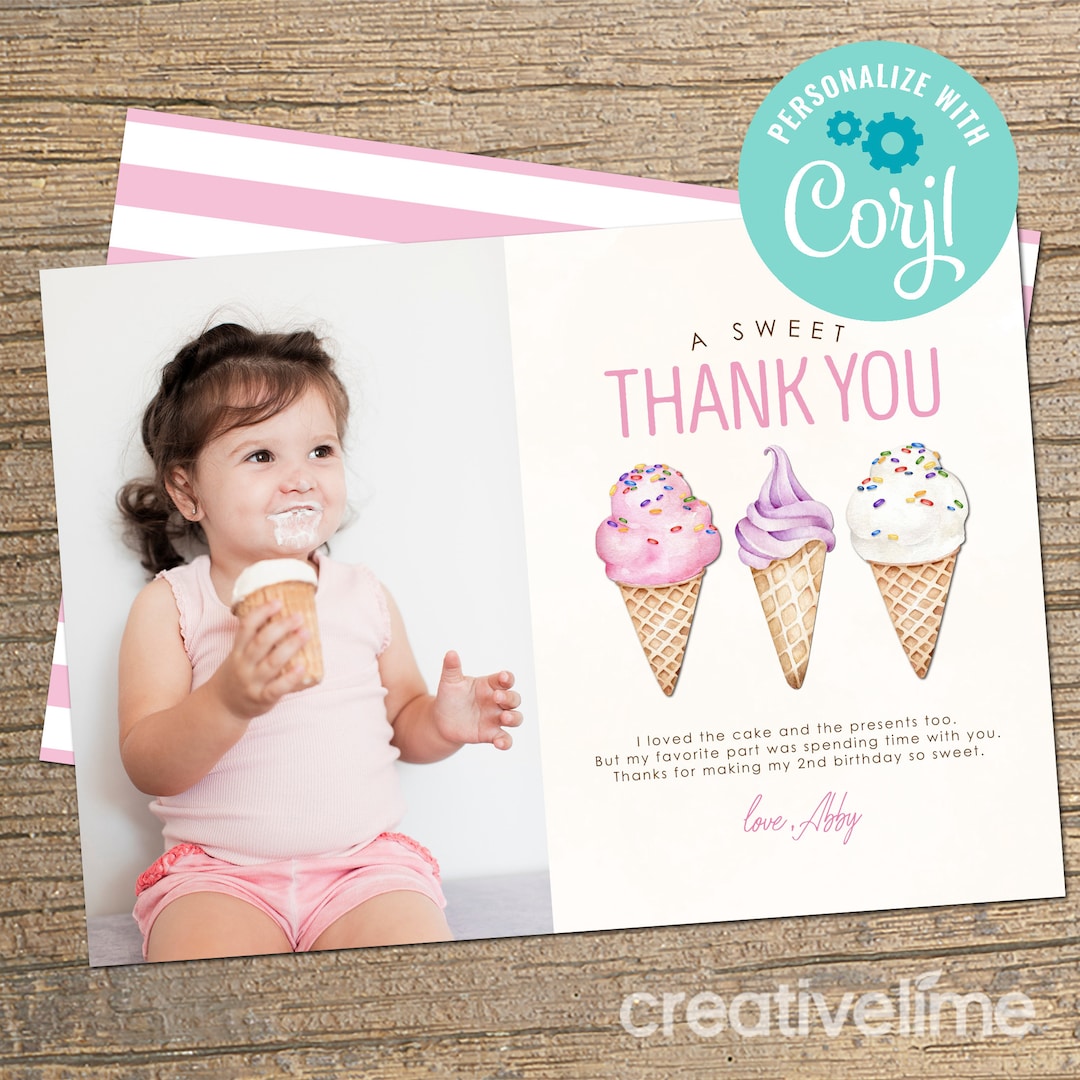 Ice Cream Birthday Thank You Card: Editable Party Favor (digital ...
