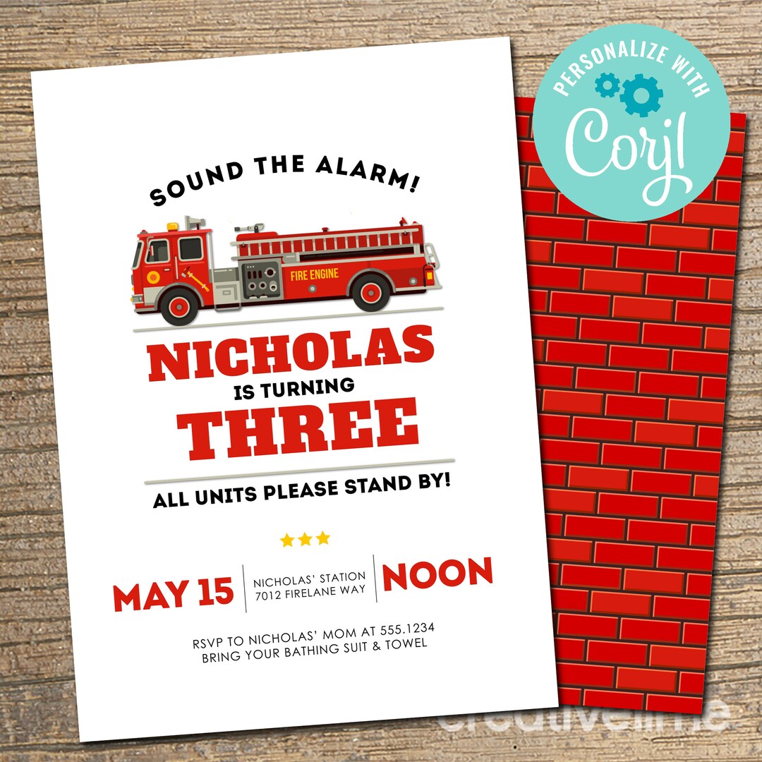 Fire Truck Invitation Printable Fire Engine Invites Fire Truck Birthday ...