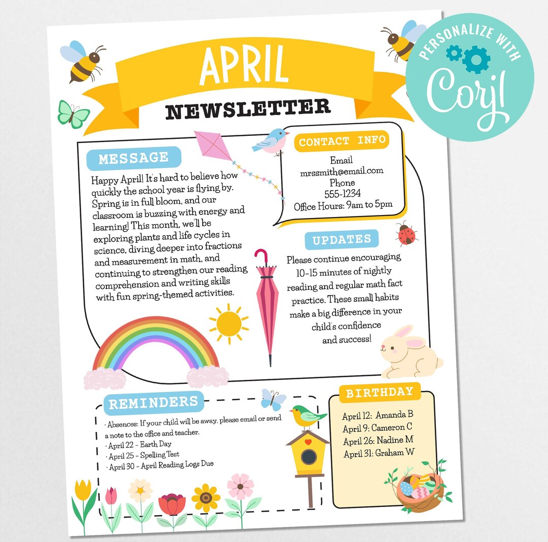 Editable April Classroom Newsletter Template (corjl) - Etsy