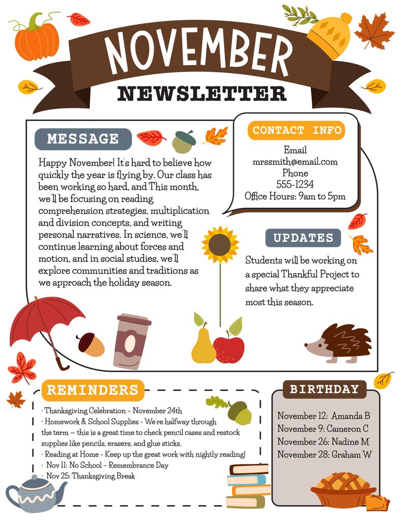 Editable November Classroom Newsletter: Fall Autumn Template (corjl ...