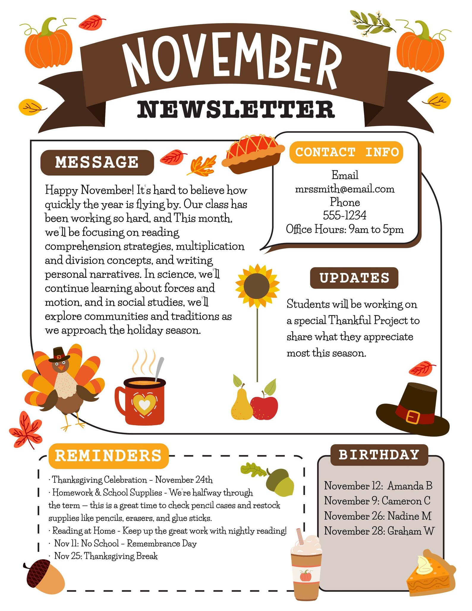 November Thanksgiving Classroom Newsletter Template - Editable in Corjl ...