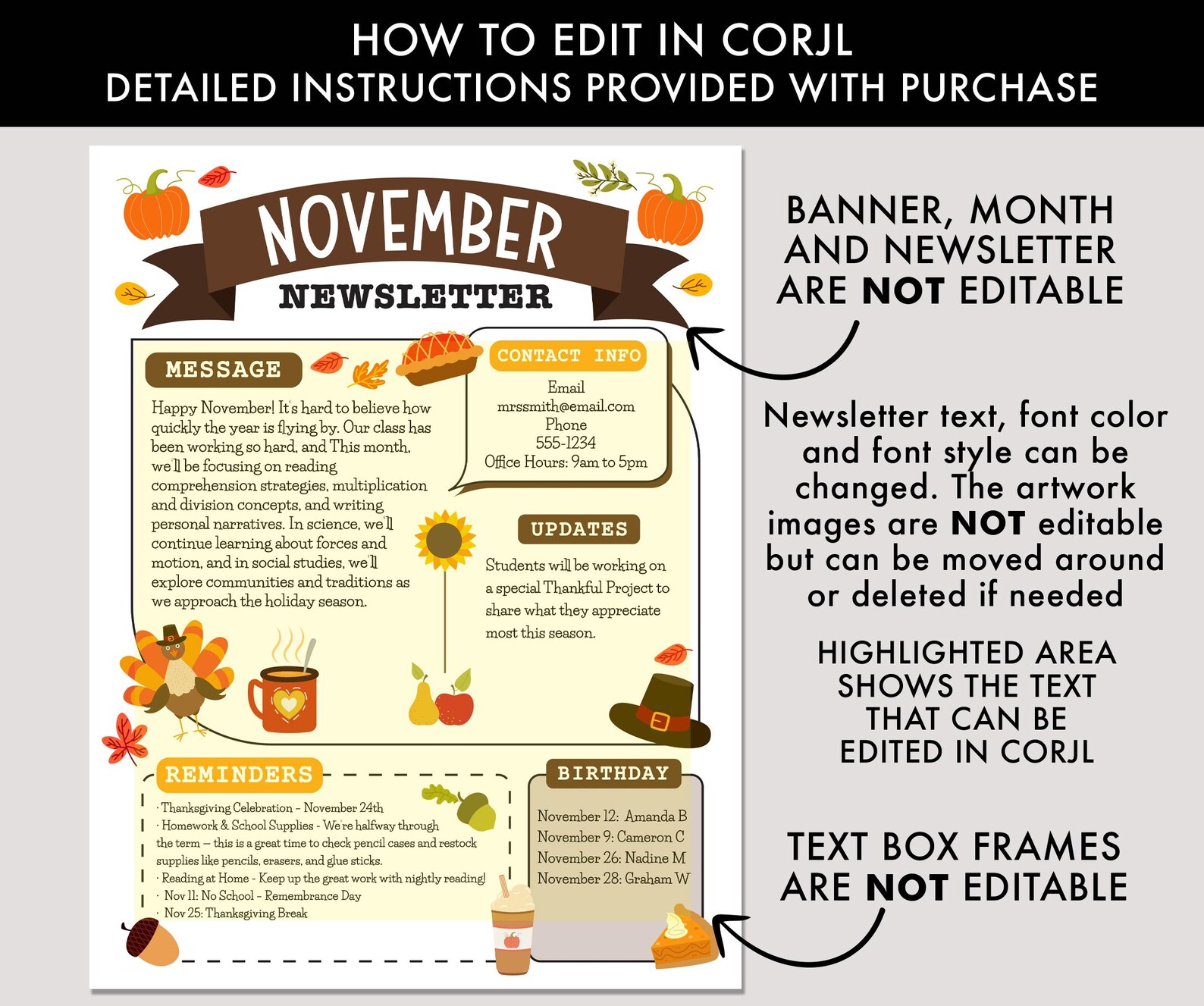 November Thanksgiving Classroom Newsletter Template - Editable in Corjl ...