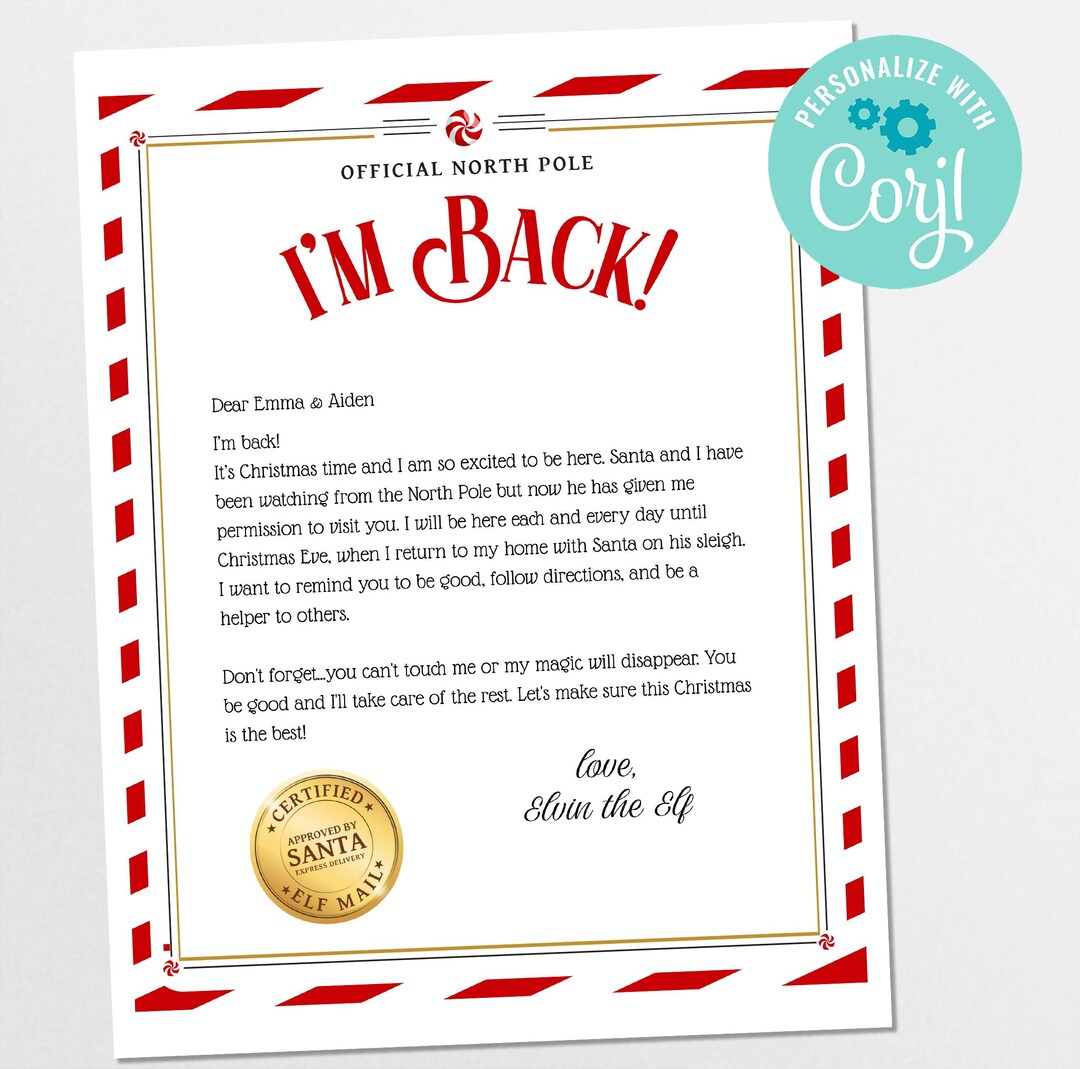 Editable Elf I'm Back Letter | Christmas Elf Return Note Template ...