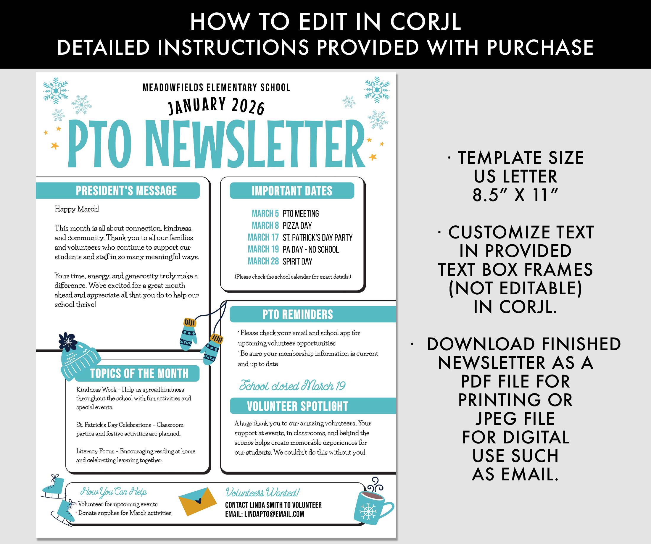 January School Newsletter Template, Editable PTO/PTA Flyer (corjl ...