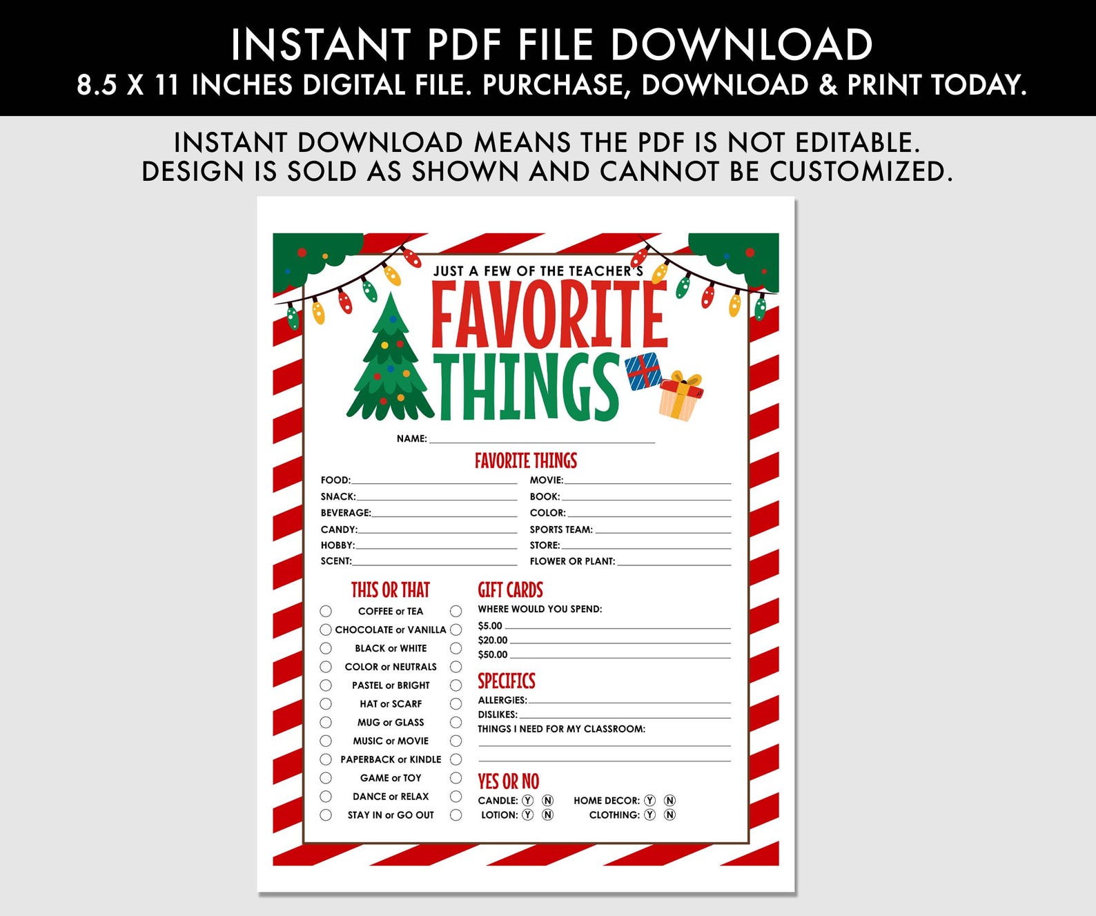 Teacher's Favorite Things Questionnaire, Christmas Secret Santa ...