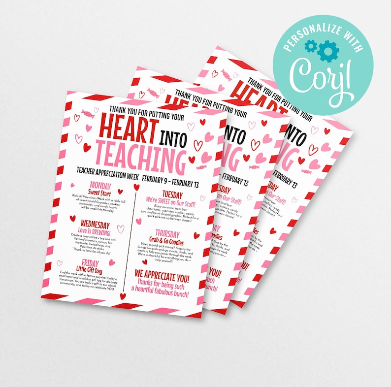 Valentine Teacher Appreciation Week Flyer, Editable 5-day Event (corjl ...