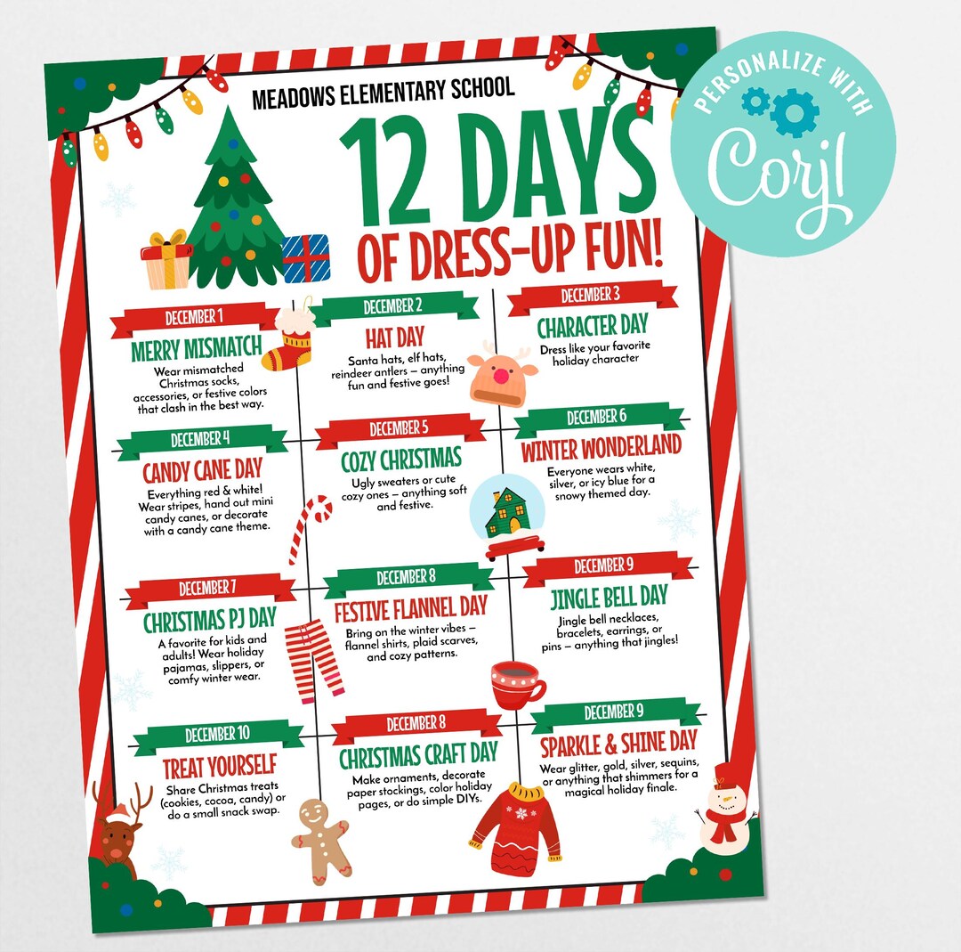 Editable 12 Days Holiday Christmas Fun Day Flyer | Holiday Spirit Week ...