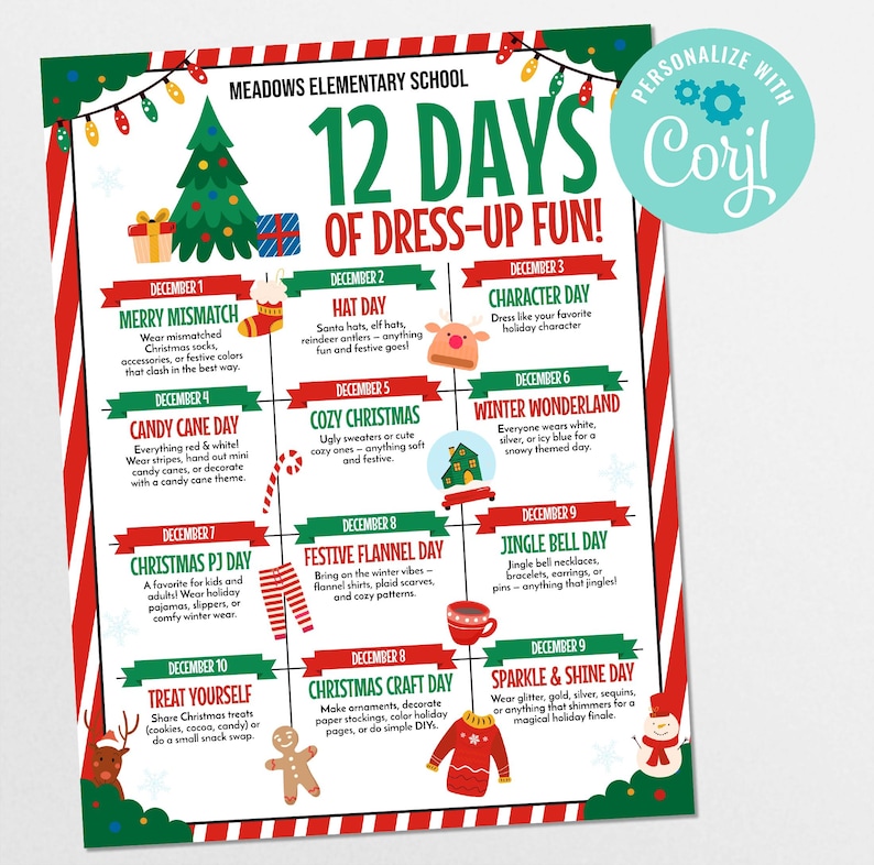 Editable 12 Days Holiday Christmas Fun Day Flyer | Holiday Spirit Week ...