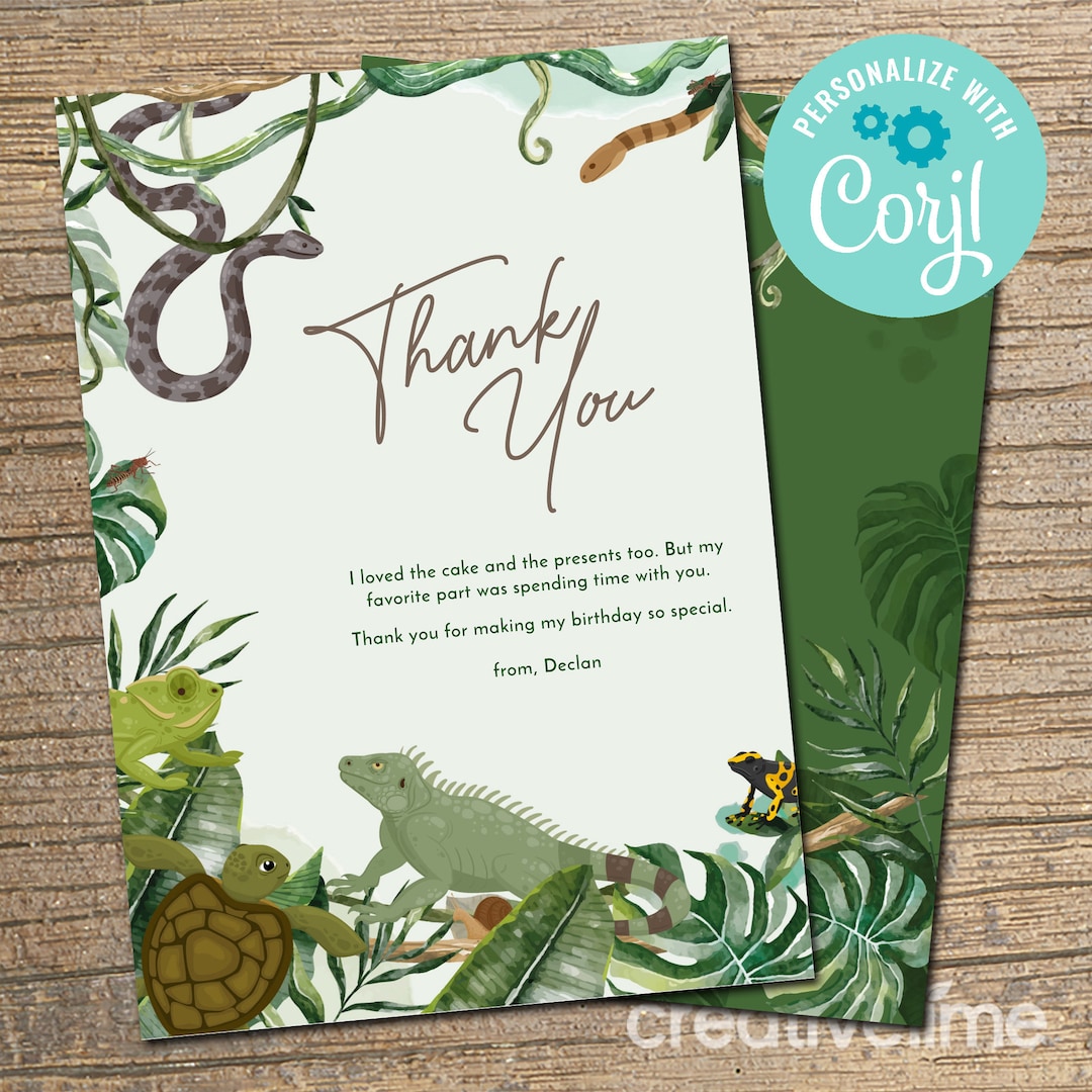Reptile Birthday Thank You Card: Lizards, Snakes (corjl EDITABLE ...