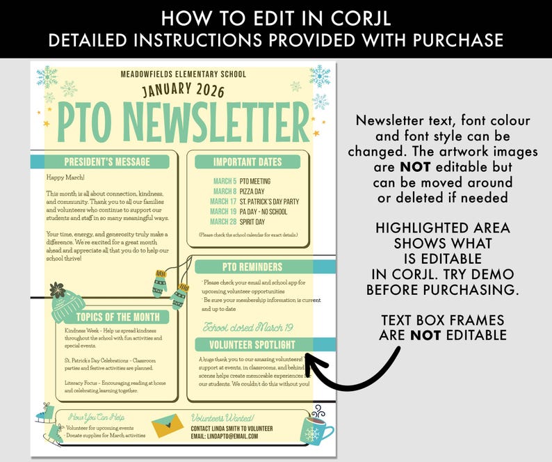 January School Newsletter Template, Editable PTO/PTA Flyer (corjl ...