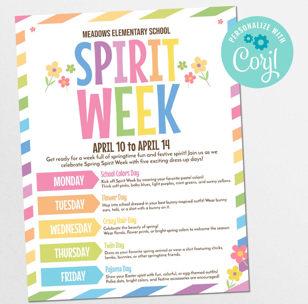 Spring Spirit Week Flyer Editable in Corjl | School Spirit Week Theme ...
