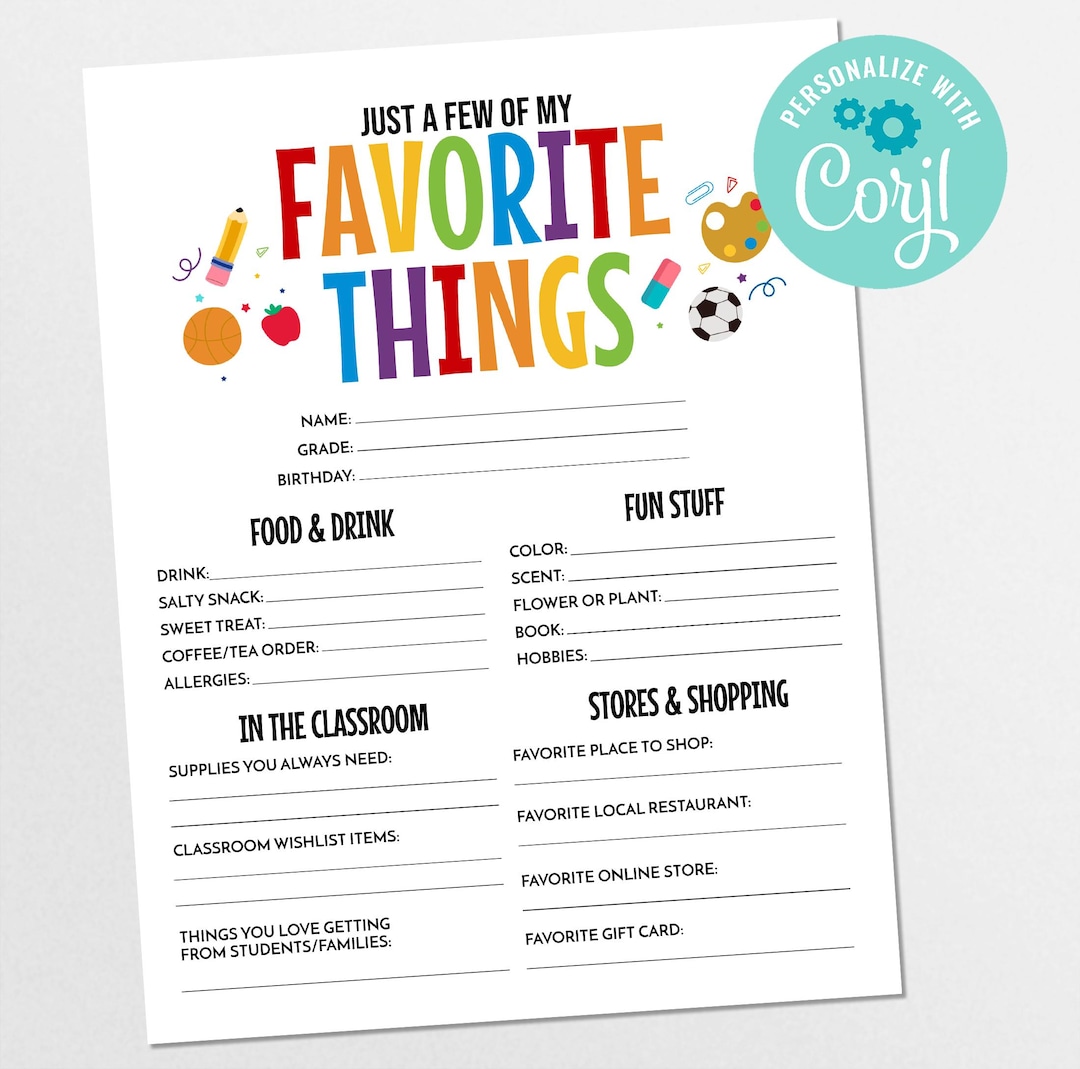 EDITABLE Teacher Favorite Things List in Corjl + Printable PDF ...