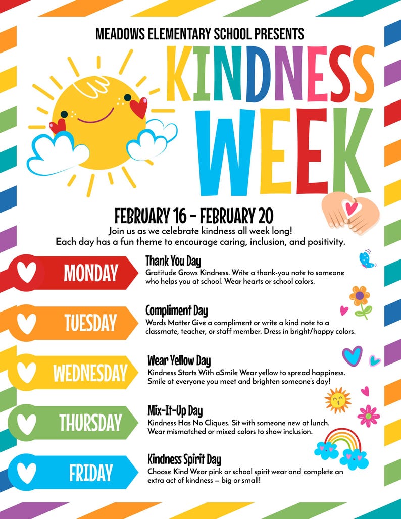 Kindness Week Spirit Days Flyer | School Kindness Week Activities ...