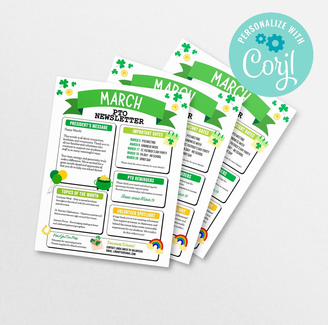 St. Patrick's Day PTO Newsletter Template, Editable School Flyer (corjl ...