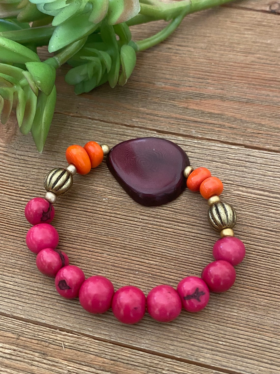 Plum and Orange Tagua and Acai Stretch Bracelet - Etsy