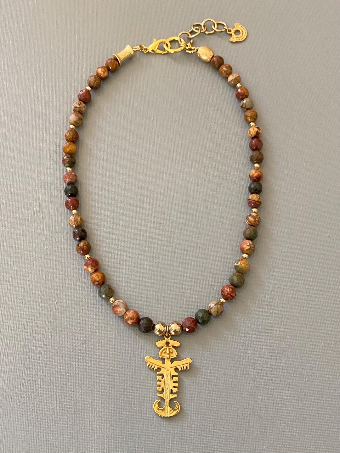 Pre Columbian Necklace 24K Gold Plated Pendant Faceted Picasso Jasper ...