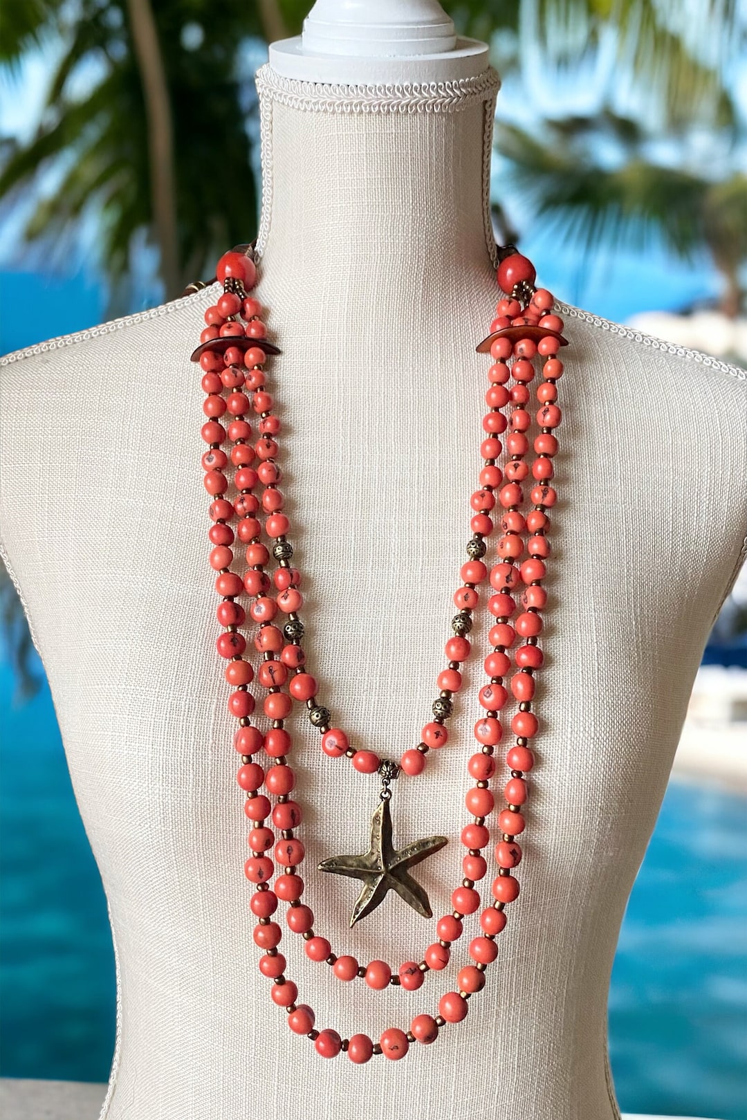 Long Acai Seed Necklace With Starfish Pendant in Coral - Etsy