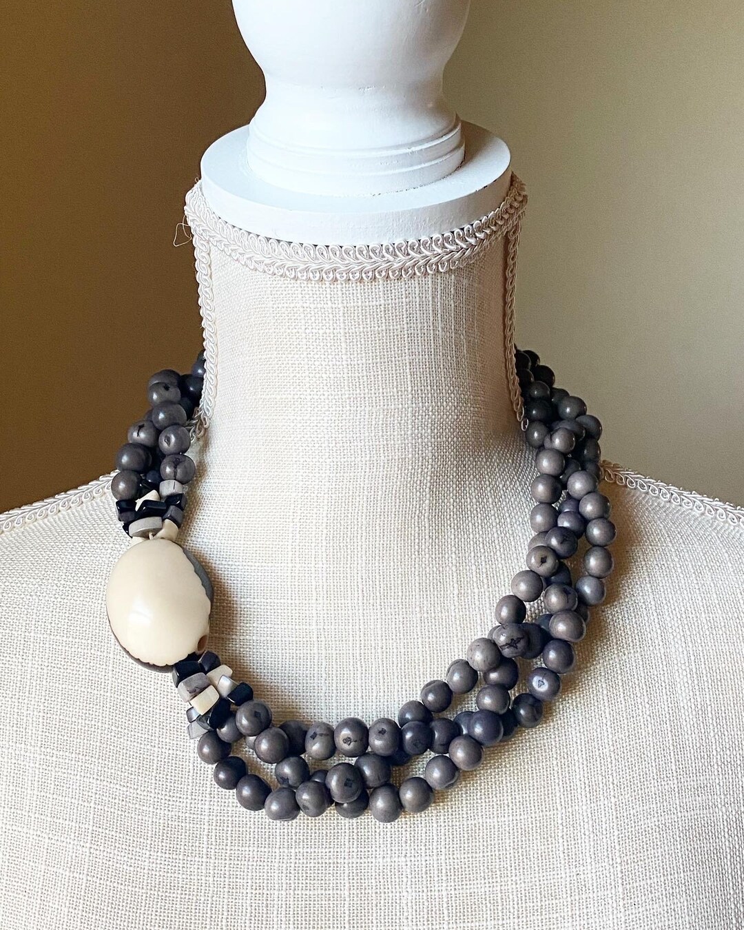 Antonella Necklace| Gray and off White Tagua and Acai Seed Necklace ...
