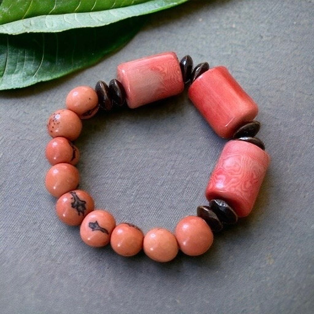 Malibu Bracelets Salmon and Coral Bracelet Tagua and Acai Seed Bracelet Boho Bracelet Artisanal ...