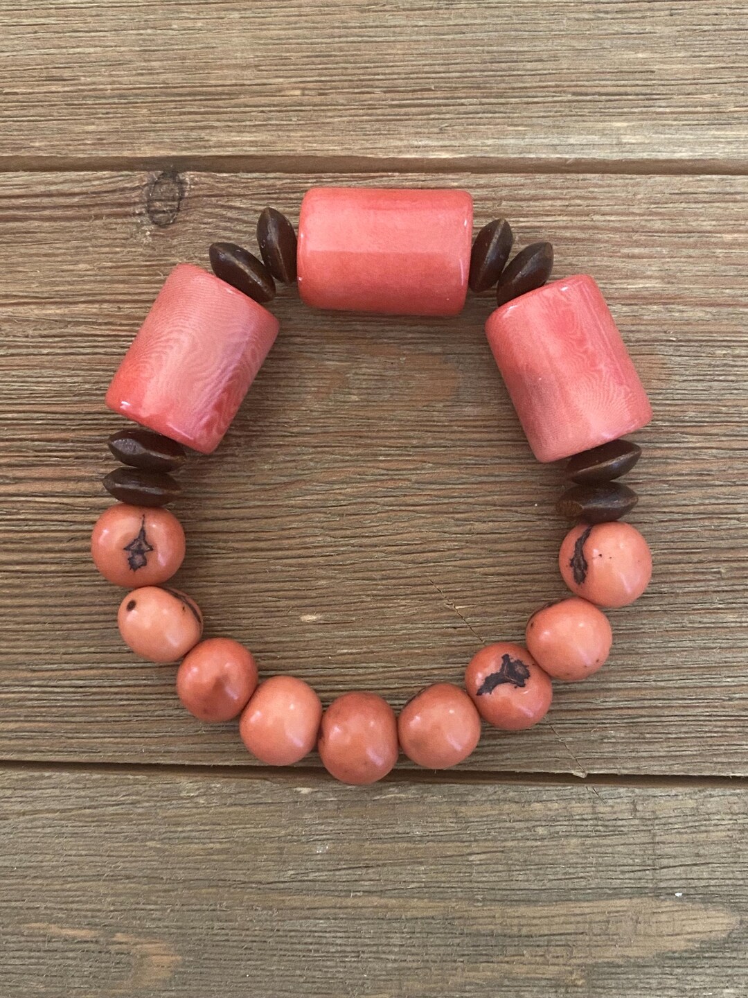 Malibu Bracelets| Salmon and Coral Bracelet| Tagua and Acai Seed Bracelet| Boho Bracelet ...