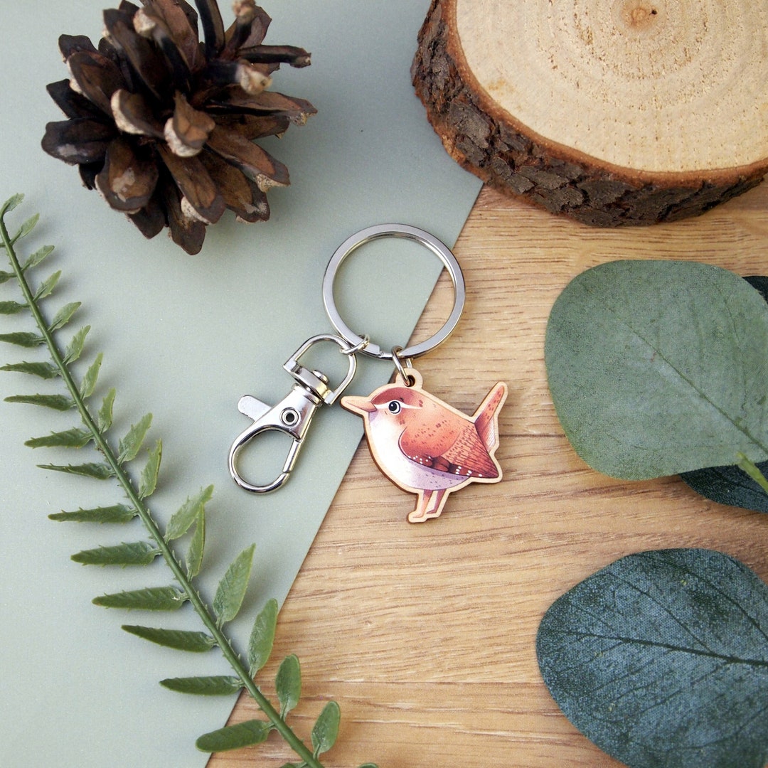 Wren Wooden Charm Keyring - Small Digitally Printed Illustrated ...