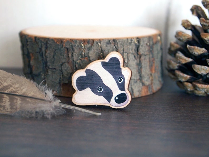Badger Pin Badge - Wooden Illustrated Accessories - Etsy