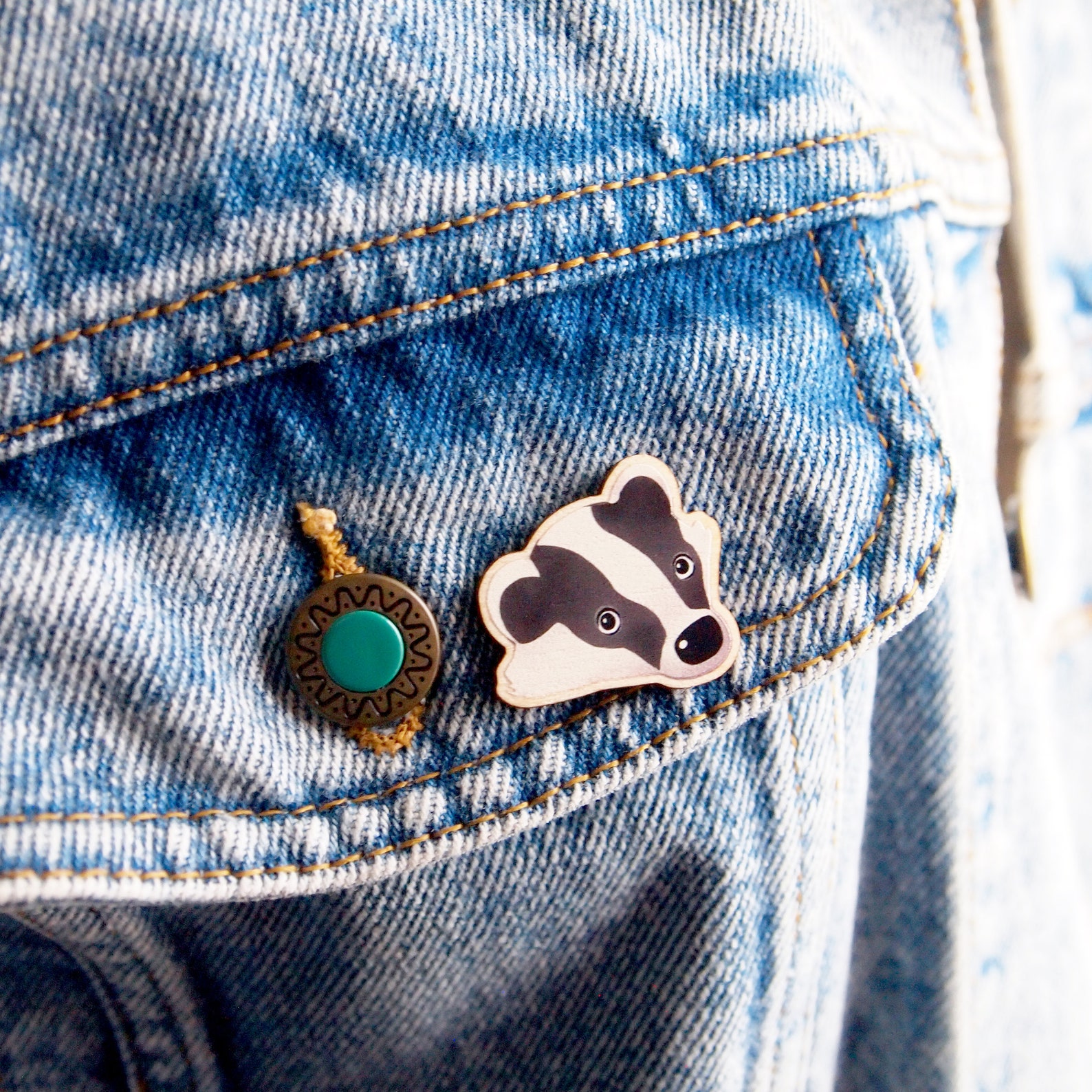 Badger Pin Badge - Wooden Illustrated Accessories - Etsy
