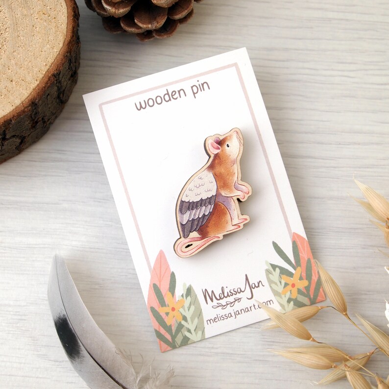 Rat With Wings pigeon Wooden Pin Badge Small Digitally - Etsy