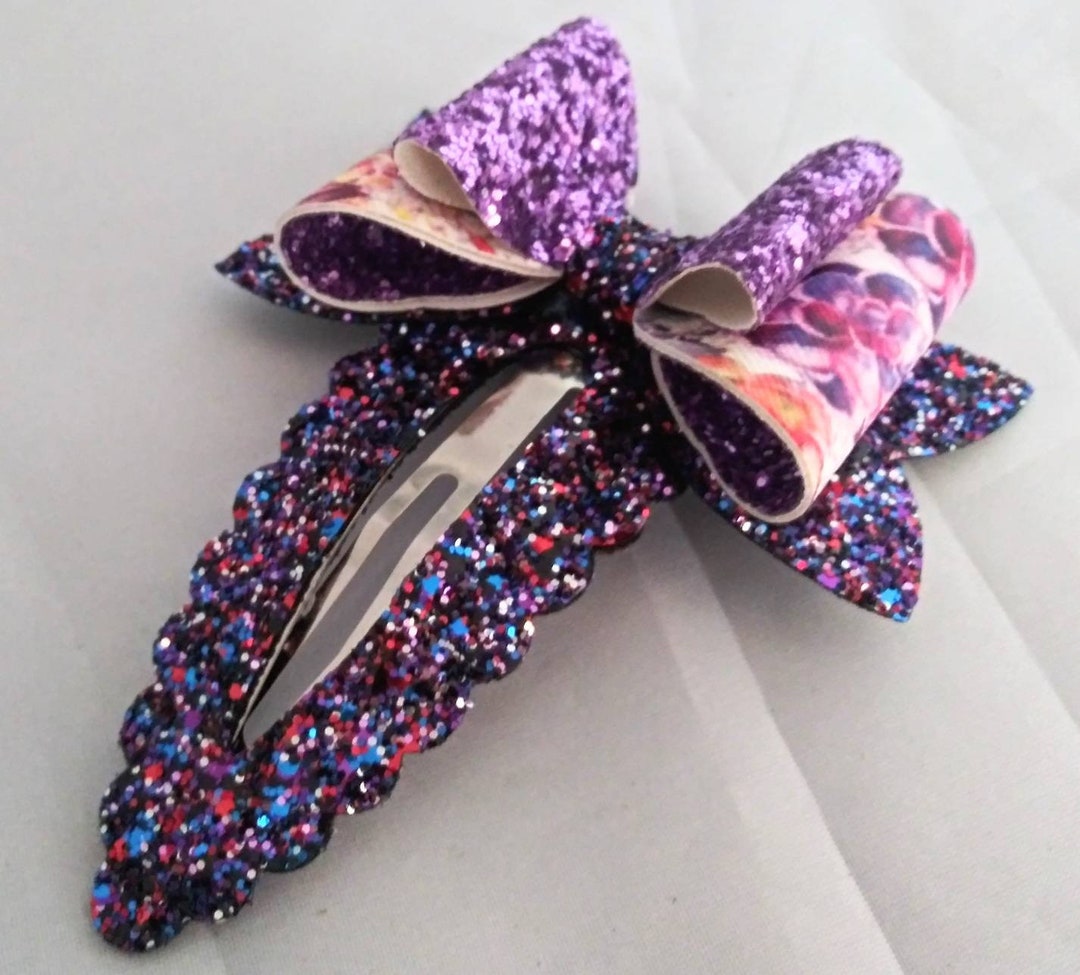 Purple Snap Clip, Floral Glitter Snap Clip, Girls Hair Bow, Faux ...