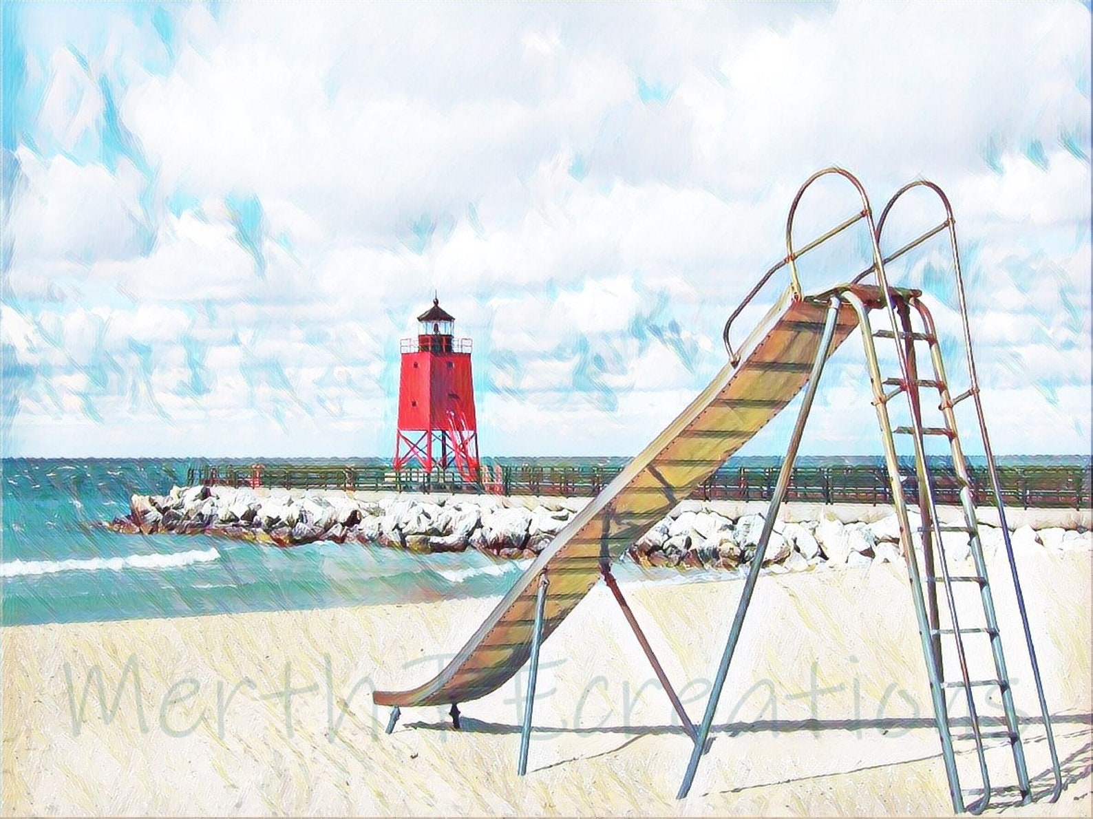 Beach Slide & Lighthouse Art Print, Original Photo, Wall Art, Digital ...